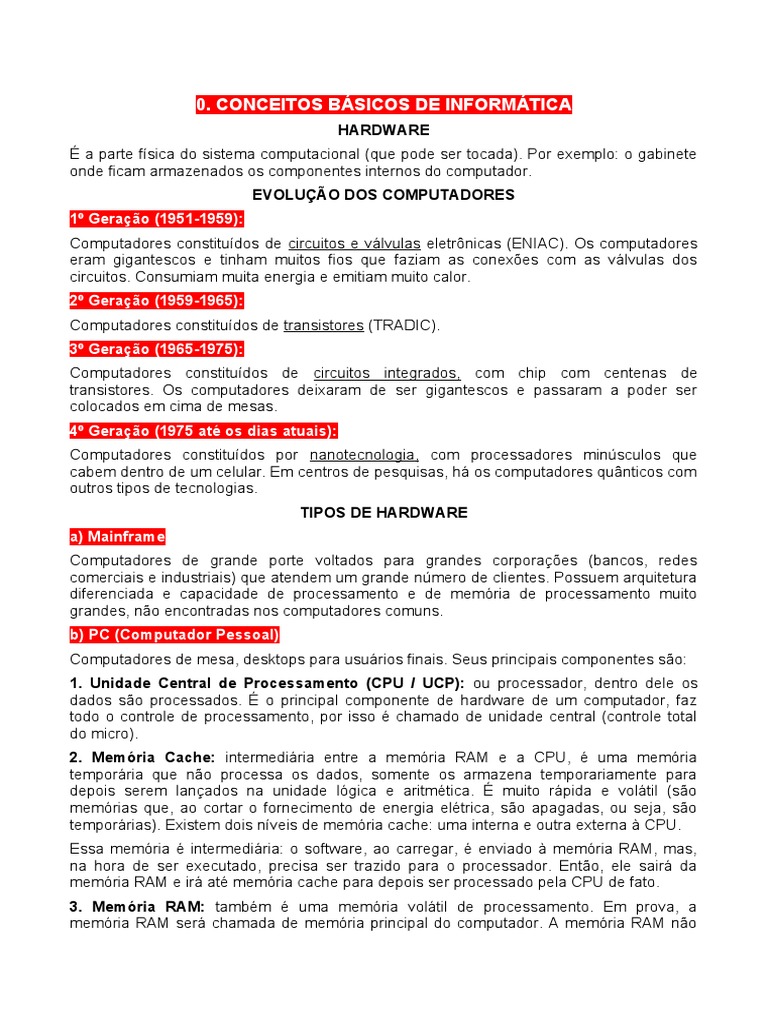 Conceitos Básicos de Informática | PDF | Memória de acesso aleatório (RAM) | Software gratuito