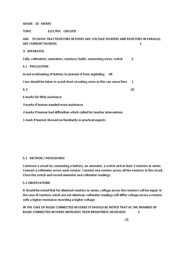 Grade 10 Experiment 2 Memo-1 | PDF | Series And Parallel Circuits | Voltage