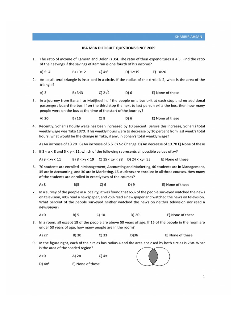 Difficult IBA Math Q Since 2009 - Shabbir Ahsan | PDF