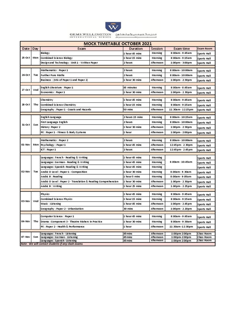 Year 11 Mock Exam Timetable 2025 | PDF | Science