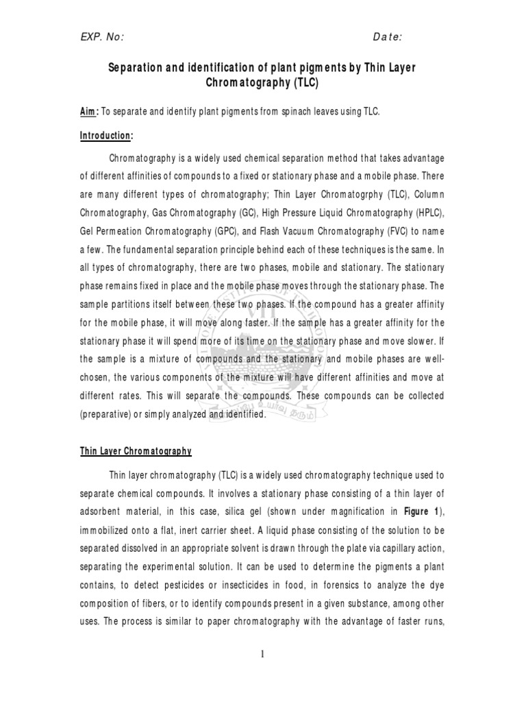 Separation and Identification of Plant Pigments by TLC Main | PDF ...