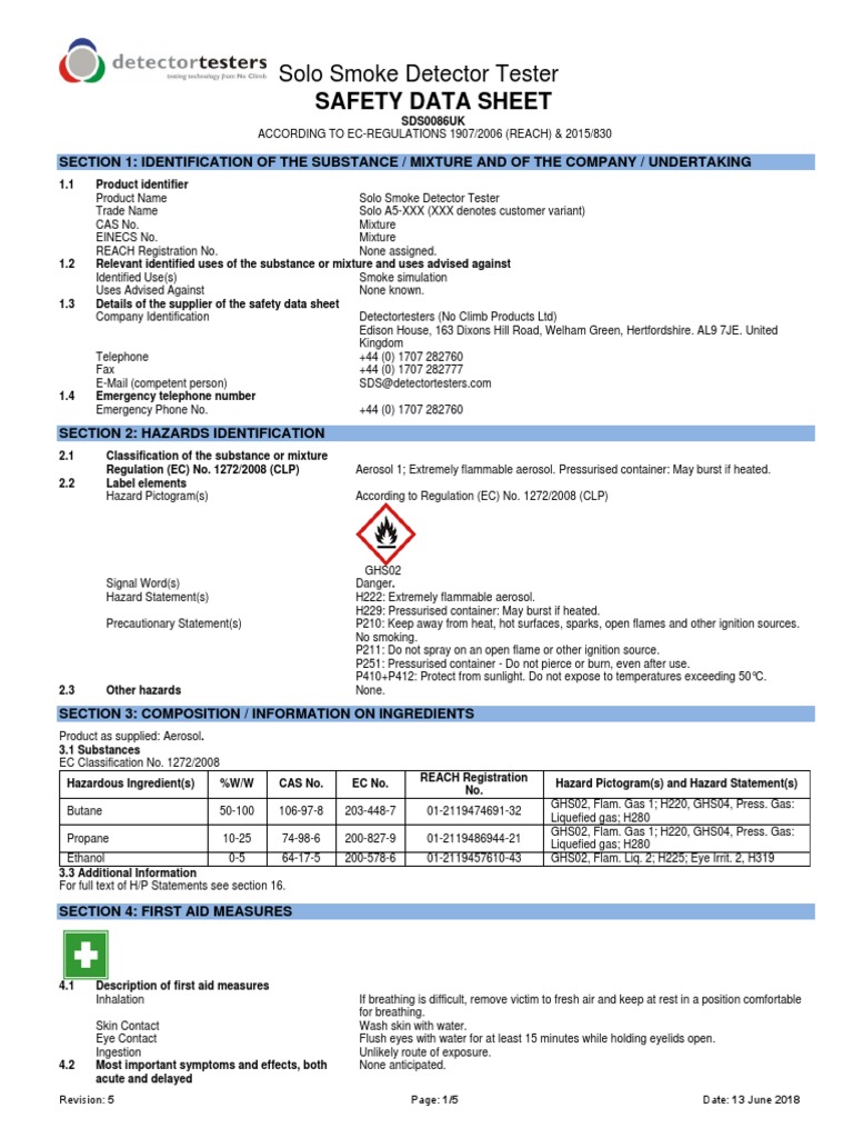 Solo Smoke Detector Tester: Safety Data Sheet | PDF | Dangerous Goods ...