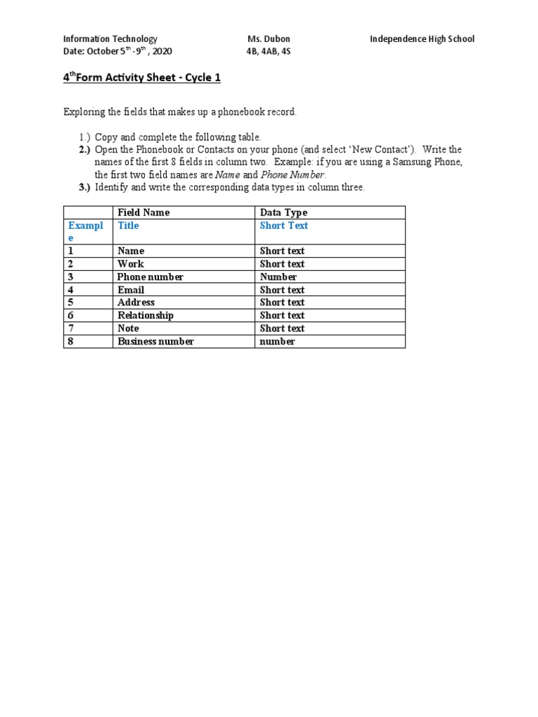 4 Form Activity Sheet - Cycle 1: Exampl e Title Short Text | PDF