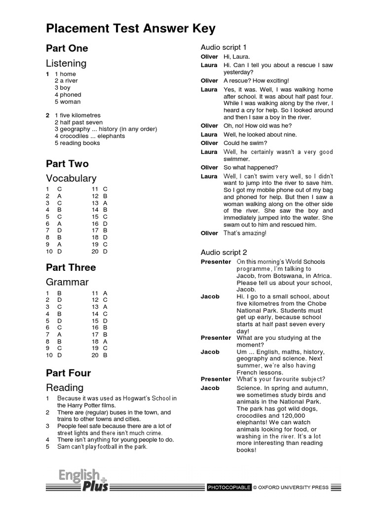 Placement Test Answer Key: Listening | PDF