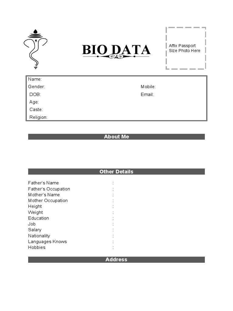 Bio Data: Name: Gender: Mobile: Dob: Email: Age: Caste: Religion | PDF