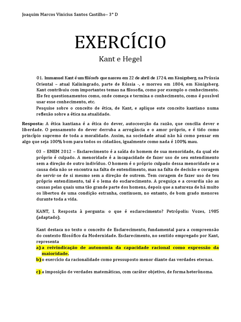 Kant e Hegel no Ensino Médio | PDF | Immanuel Kant | Georg Wilhelm Friedrich Hegel