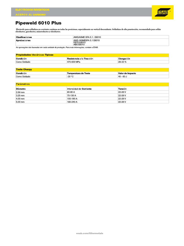 Electrodo Pipeweld 6010 Plus ESAB | PDF