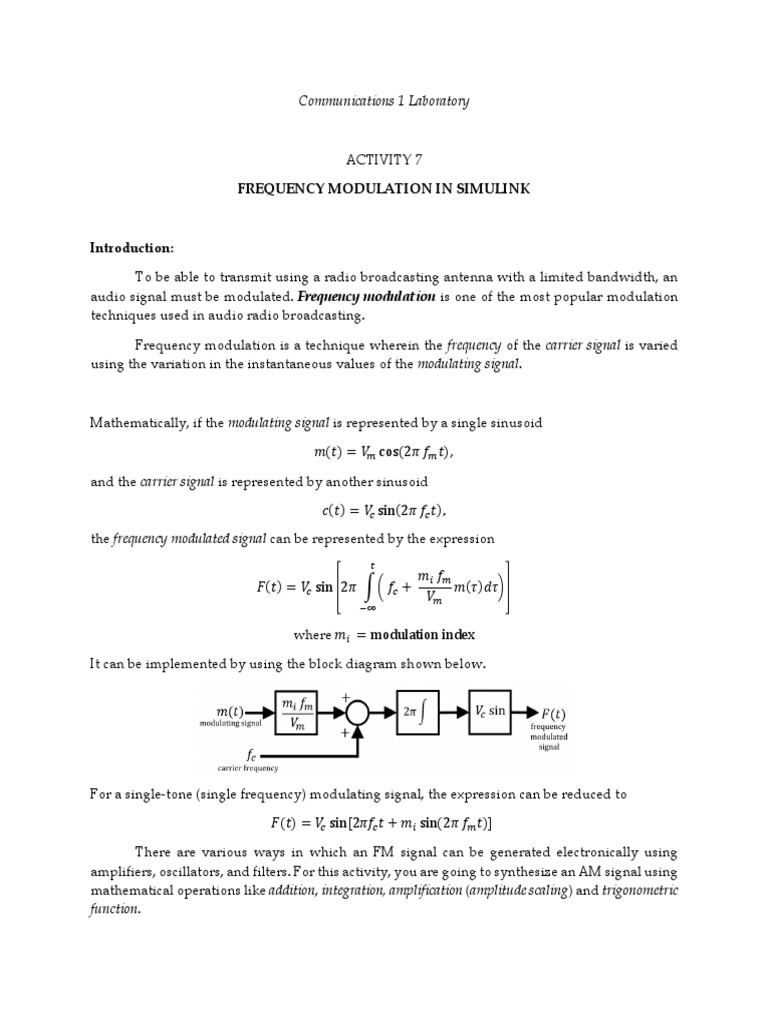 Frequency Modulation in Simulink: Communications 1 Laboratory | PDF ... Frequency Modulation in Simulink: Communications 1 Laboratory | PDF ...