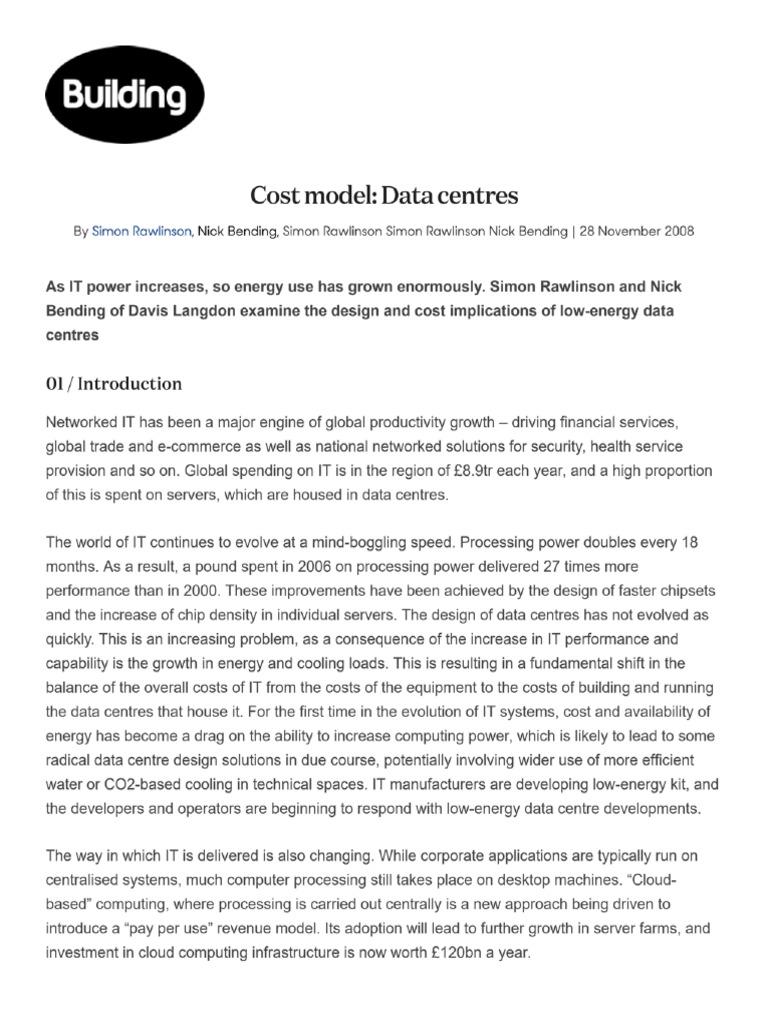 AECOM - Cost Model - Data Centres - Features - Building | PDF