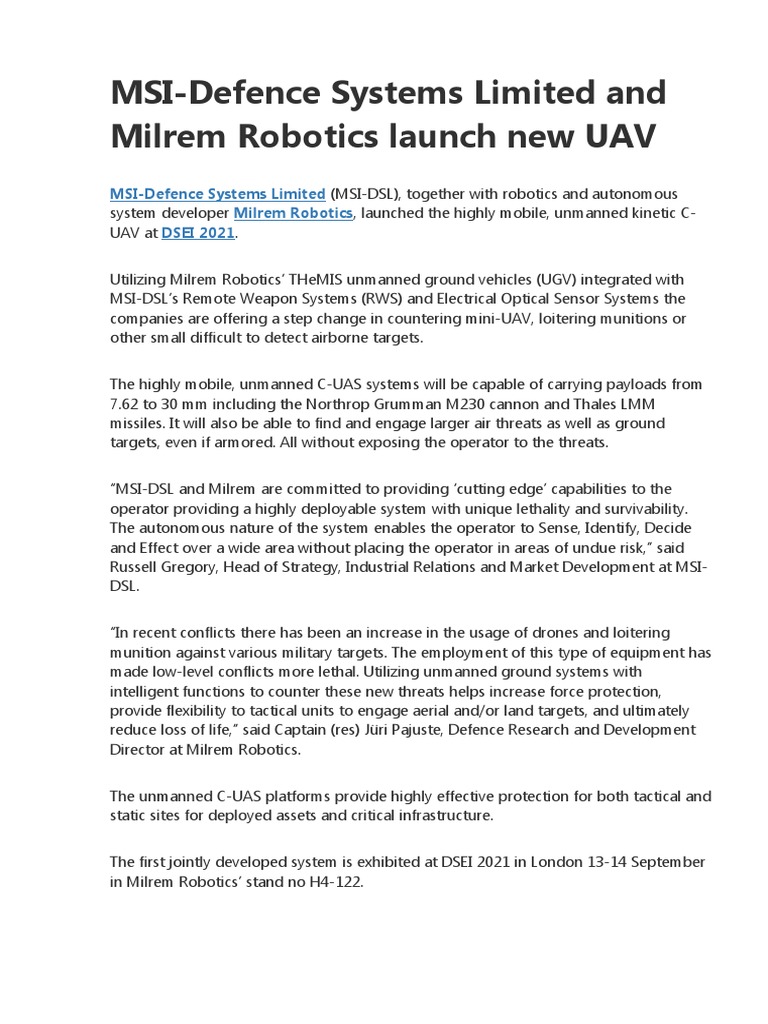 MSI-Defence Systems Limited and Milrem Robotics Launch New UAV ...