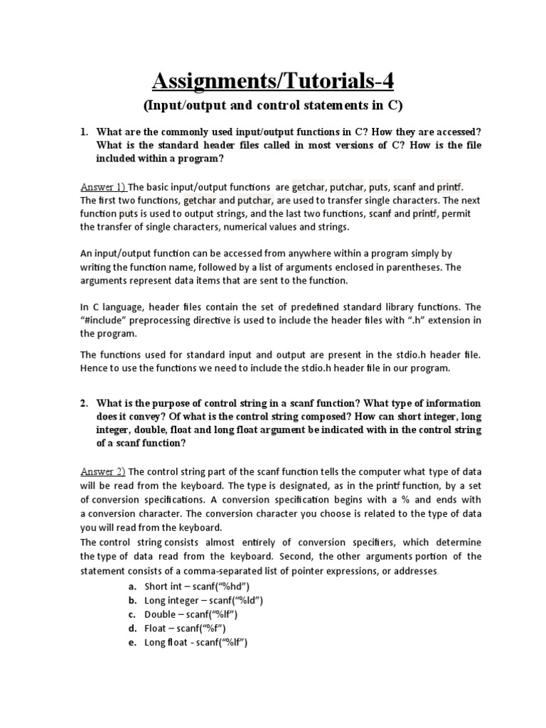 Assignments/Tutorials-4: (Input/output and Control Statements in C ...