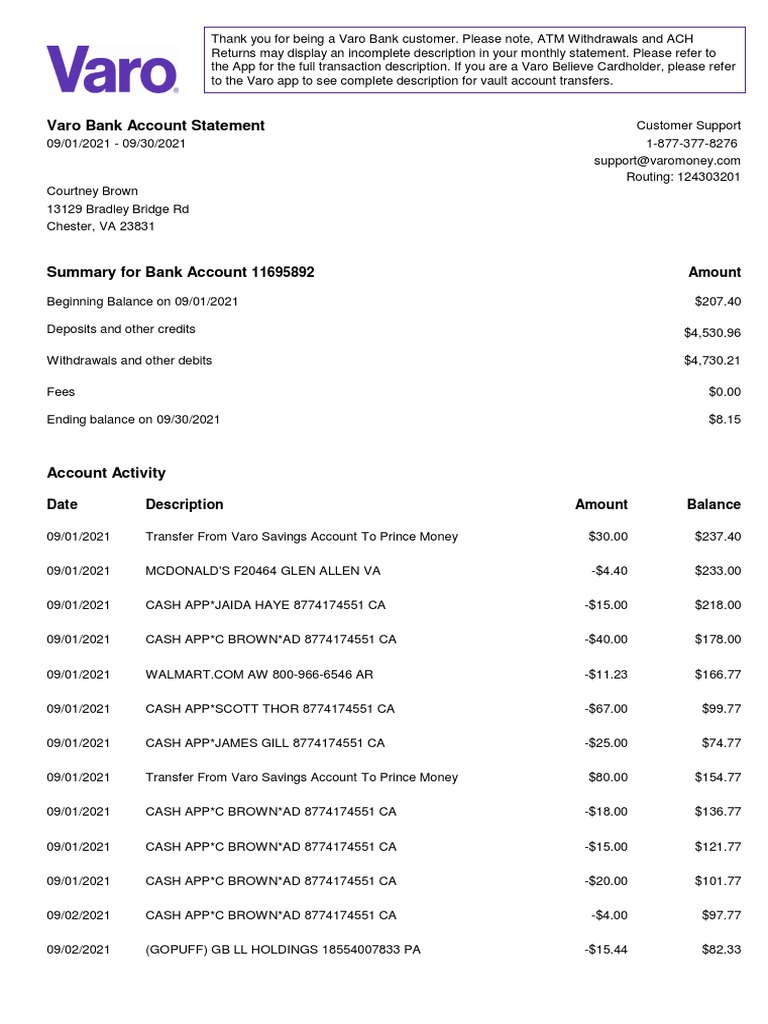 Varo Bank Account Statement: Amount | PDF | Banks | Financial Transaction