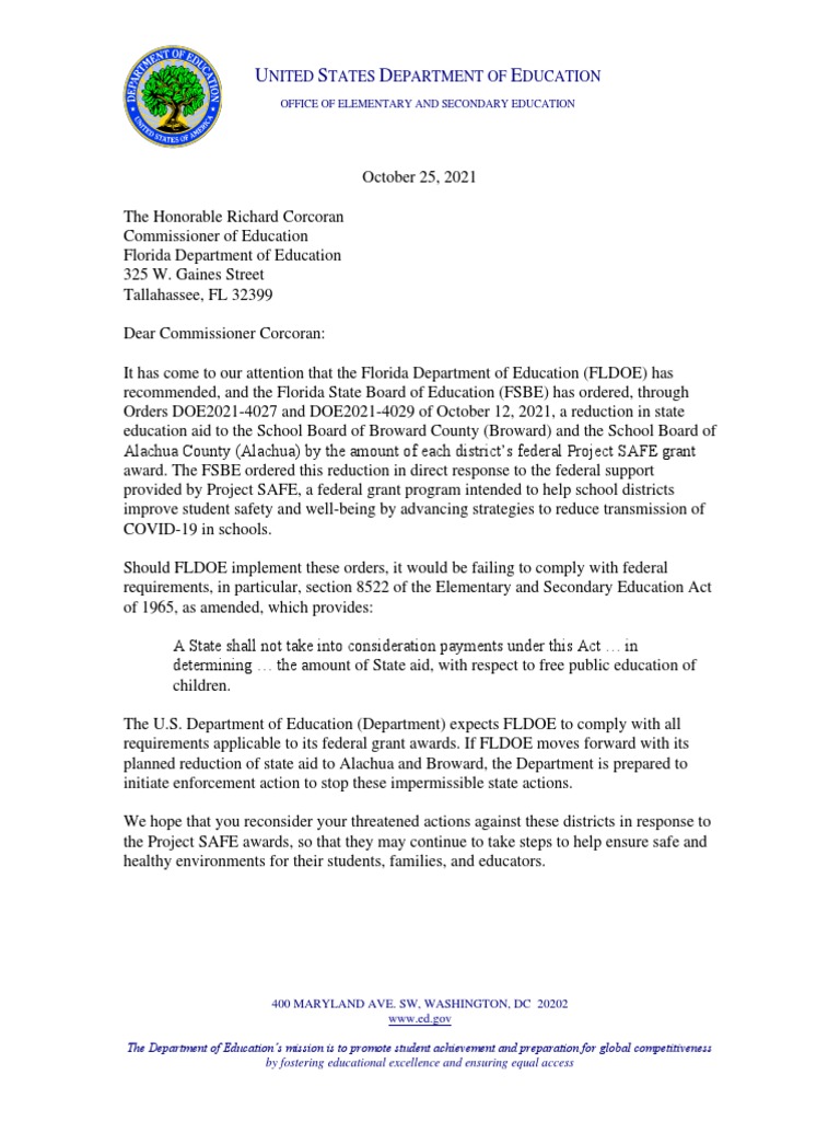 Letter From U.S. DOE To Florida DOE | PDF | Government