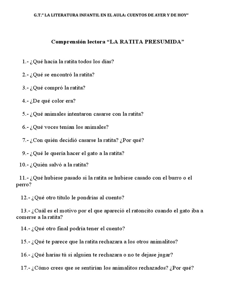 Comprensión Lectora: La Ratita Presumida | PDF