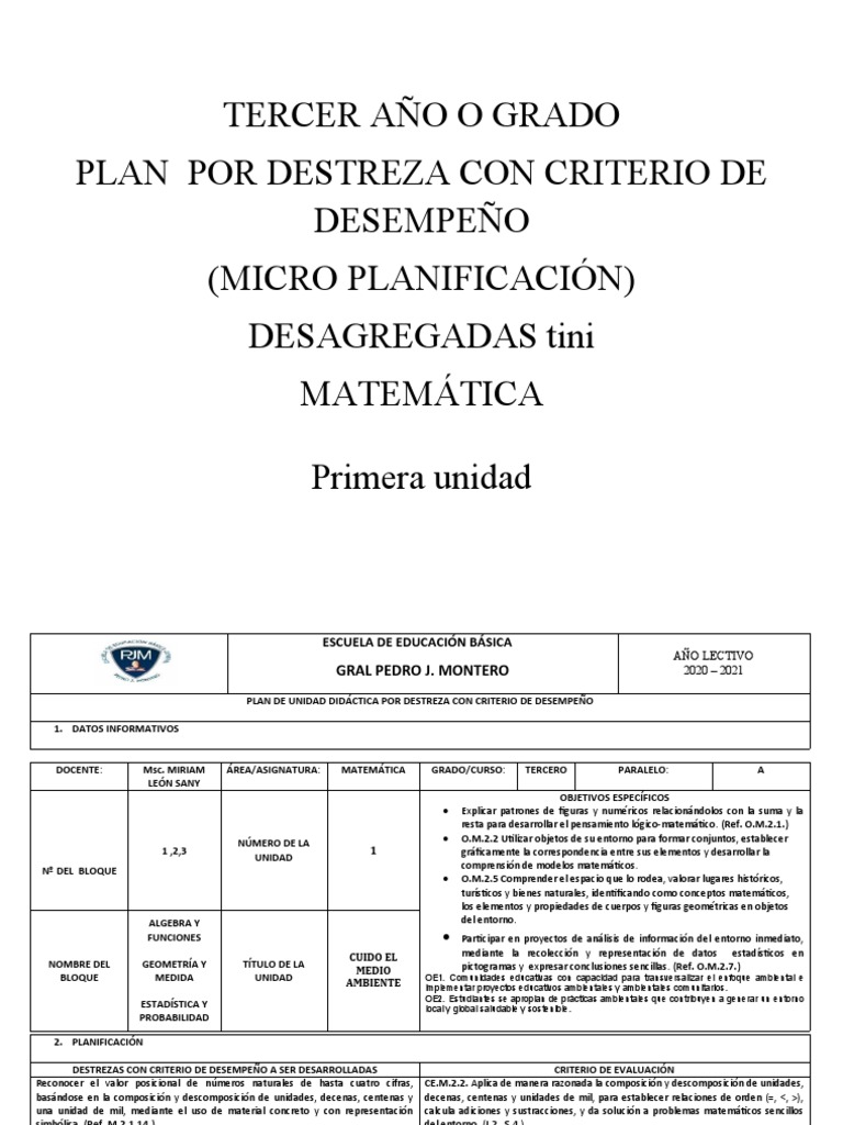 Plan D Destrezas de Matematicas Con Criterio de Desempeño de Tercero D ...
