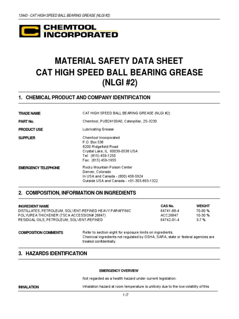 Material Safety Data Sheet Cat High Speed Ball Bearing Grease (NLGI #2 ...