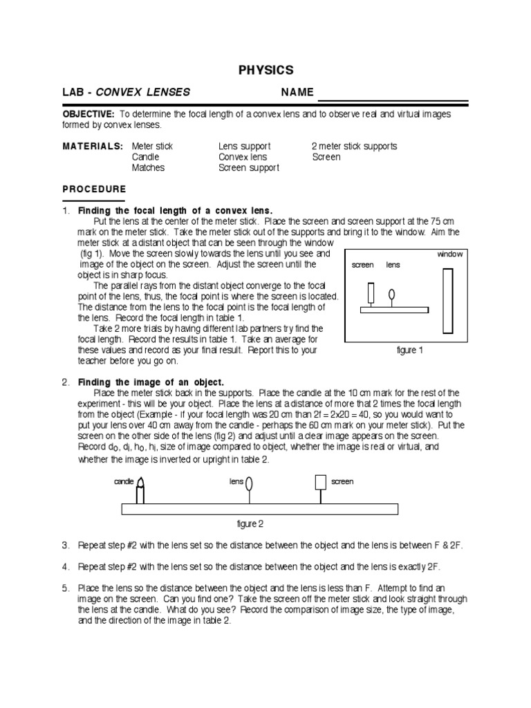 Physics: Lab - Convex Lenses Name | PDF | Lenses | Glass Engineering ...
