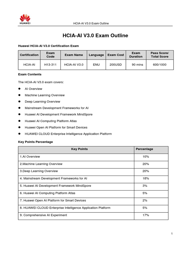 HCIA-AI V3.0 Exam Outline | PDF | Intelligence (AI) & Semantics | Artificial Intelligence