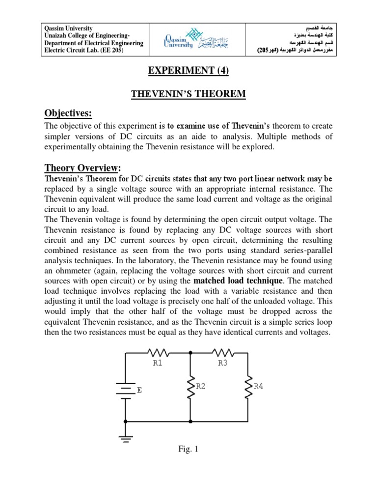 Experiment (4) Thevenin'S Theorem Objectives | Download Free PDF ...