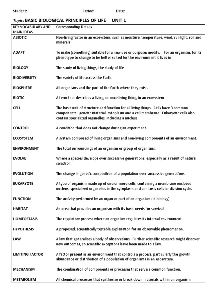 Unit 1 Basic Biological Principles Keytone Review | PDF | Cell (Biology ...