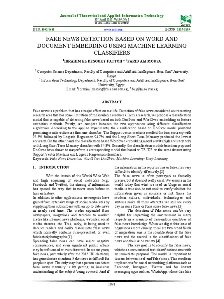 Fake News Detection Based On Word And Document Embedding Using Machine Learning Classifiers 