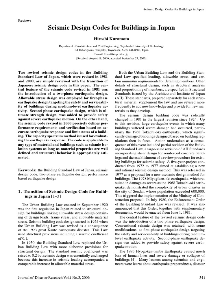 Seismic Design Codes For Buildings in Japan: Hiroshi Kuramoto | PDF ...