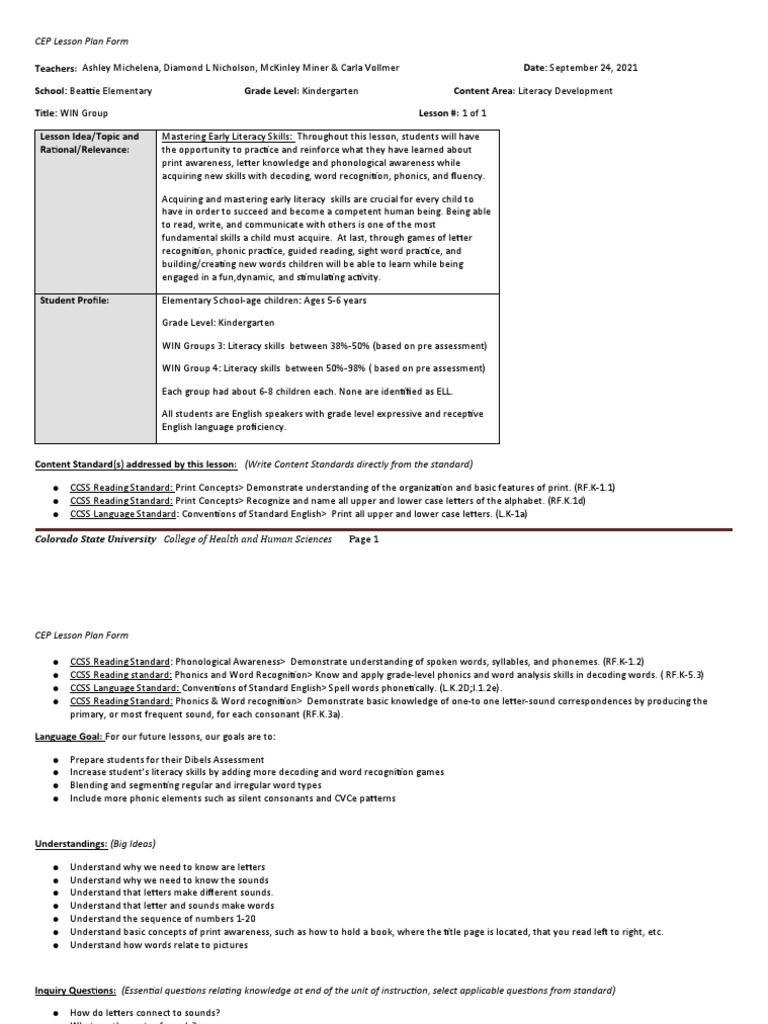 Cep Lesson Plan Template | PDF | Phonics | Cognitive Science