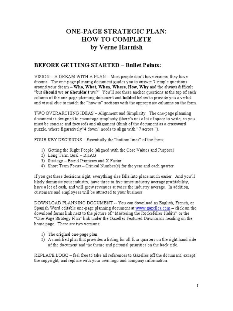 One-Page Strategic Plan: How To Complete by Verne Harnish: Before ...