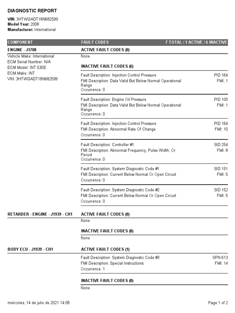 Diagnostic Report: Component Fault Codes 7 Total / 1 Active / 6 ...
