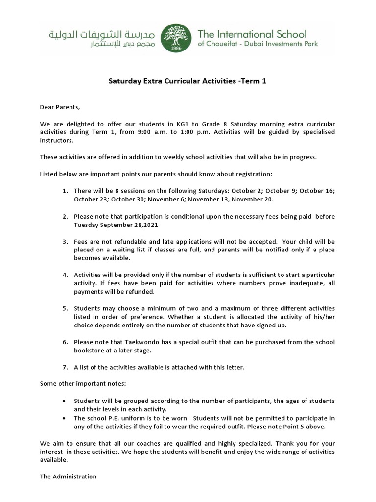 Saturday Extra Curricular Activities - Term 1 | PDF | Physical ...