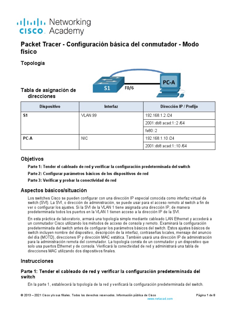 1.1.7 Packet Tracer - Basic Switch Configuration - Physical Mode | PDF | Conmutador de red ...