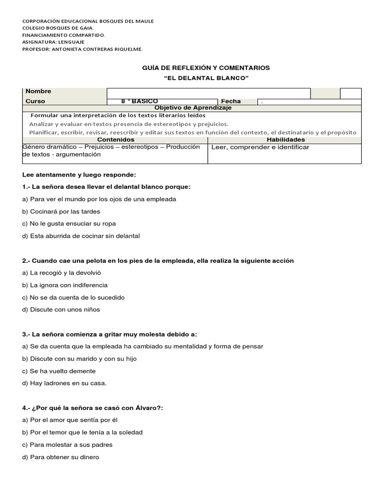 Guía 8° El Delantal Blanco | PDF
