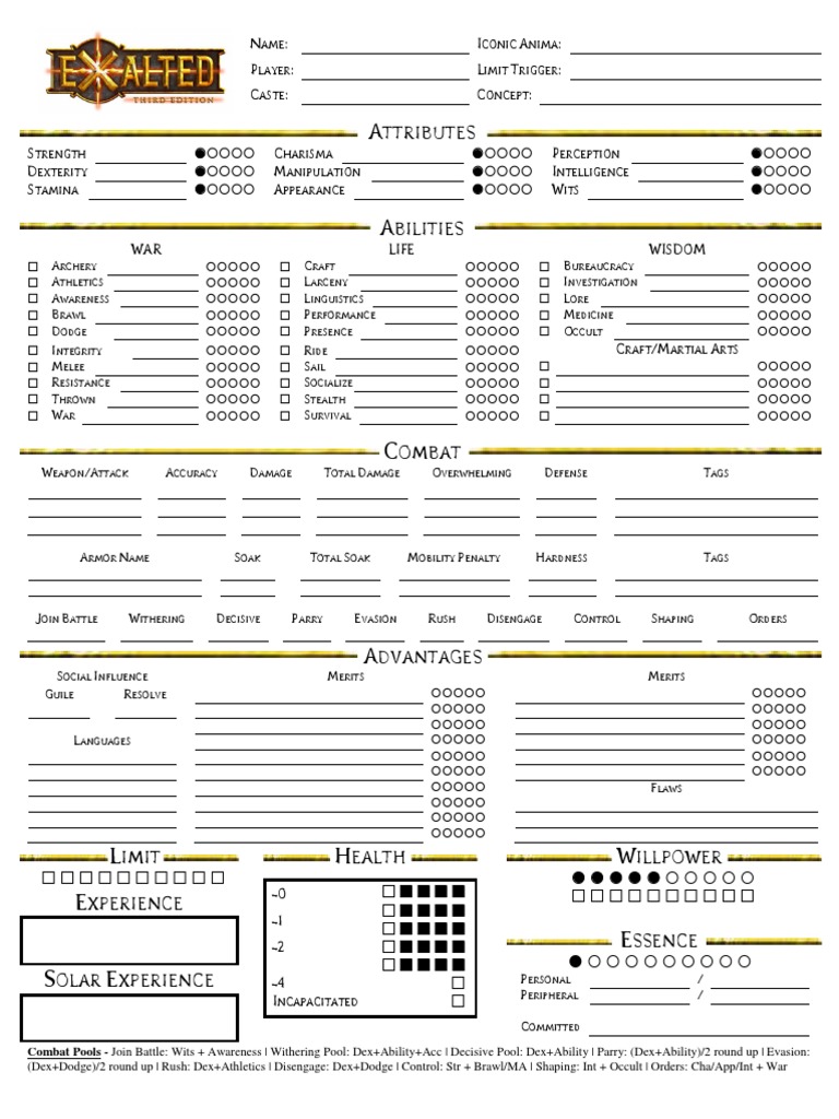 Exalted 3rd Edition Form Fillable Character Sheet v7 | PDF | Role Playing Games