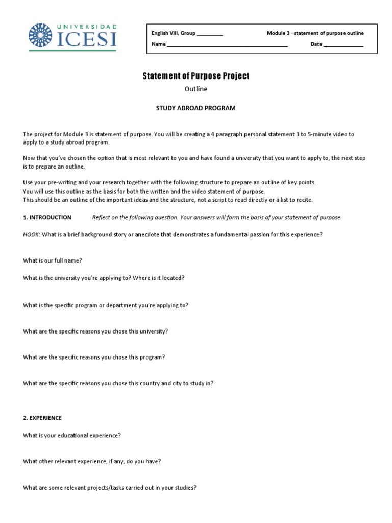 Step 3 - Statement of Purpose Outline - Study Abroad | PDF | Reason ...