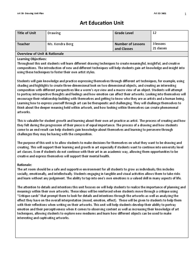 Unit Plan - Art 30 - Drawing | PDF | Drawing | Emotions