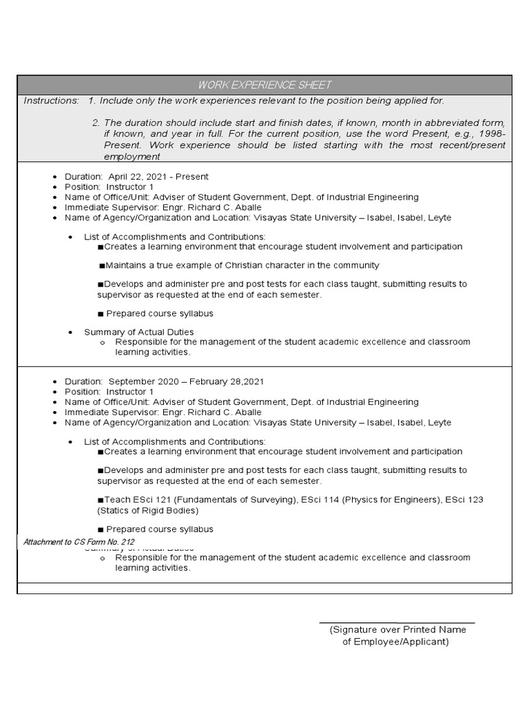 CS Form No. 212 Attachment - Work Experience Sheet | PDF | Internship ...