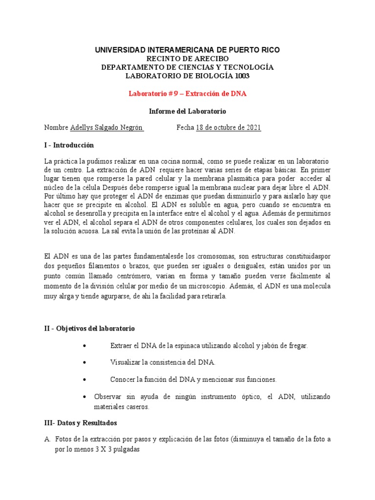 Informe de Laboratorio # 9 - Extracción Del DNA | PDF | Adn | Biología Celular)