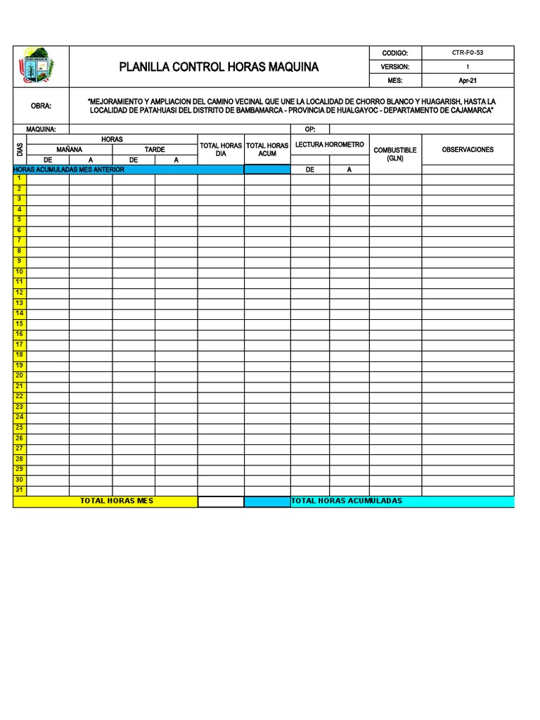 Planilla Control Horas Maquina | PDF