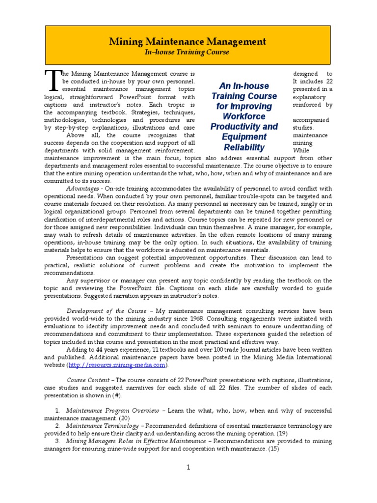 Mining Maintenance Management Course | PDF | Reliability Engineering ...