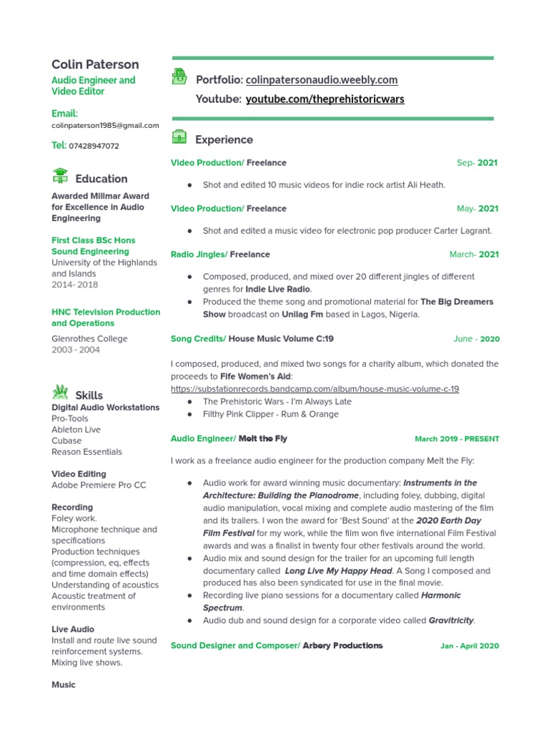 CV Colin Paterson Audio 5 | PDF | Audio Engineer | Sound Recording And ...