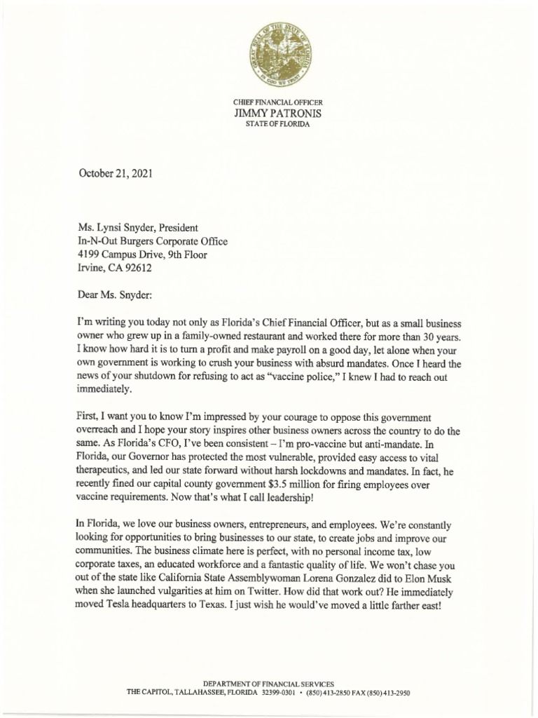 CFO Letter To in N Out | PDF