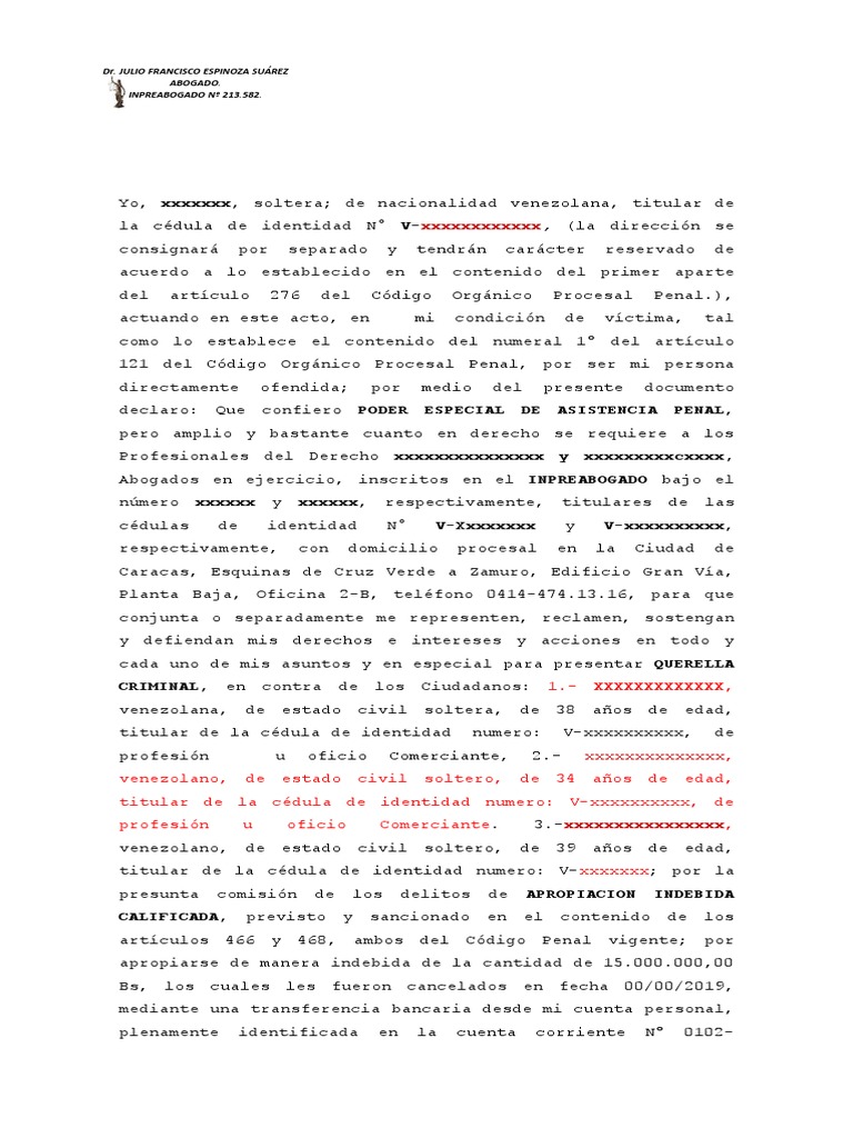Poder para Querella | PDF | Derecho penal | Queja