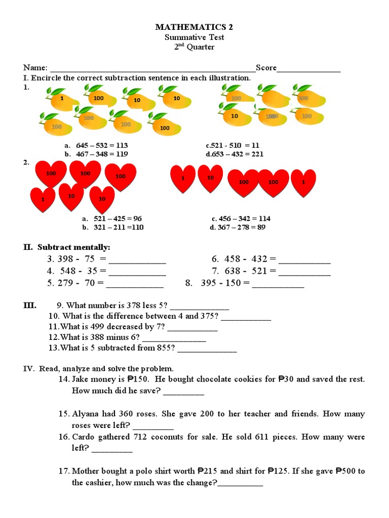 Grade 2 Math Summative Test | PDF | Subtraction | Mathematics