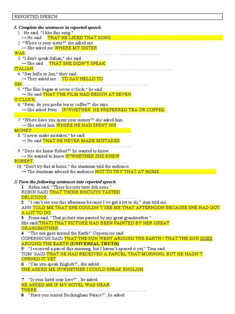 I. Complete The Sentences in Reported Speech | PDF | Language Arts ...