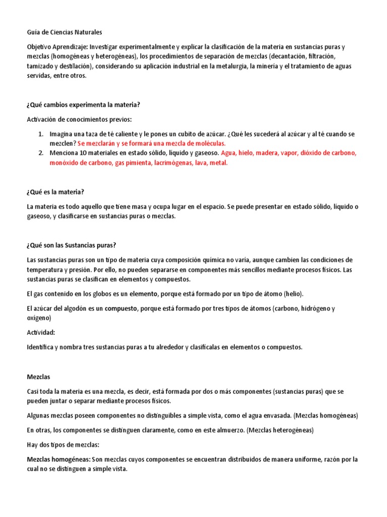 Guía de Ciencias Sustancias Puras y Mezclas. Miguel 7º | PDF | Mezcla ...