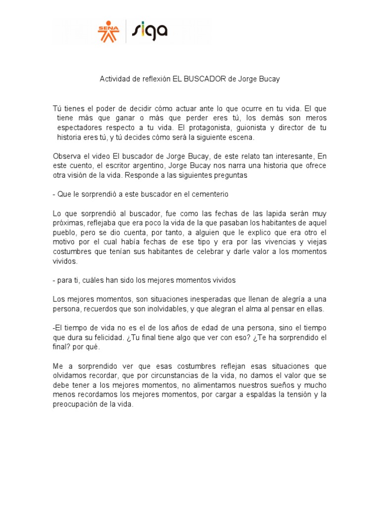 Actividad de Reflexión EL BUSCADOR de Jorge Bucay | PDF