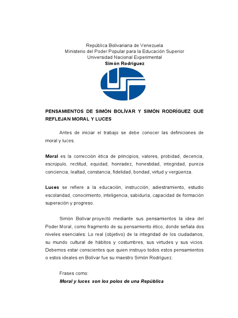 Pensamientos de Simón Bolivar y Simon Rodriguez Que Reflejan Moral y Luces | PDF | Moralidad ...
