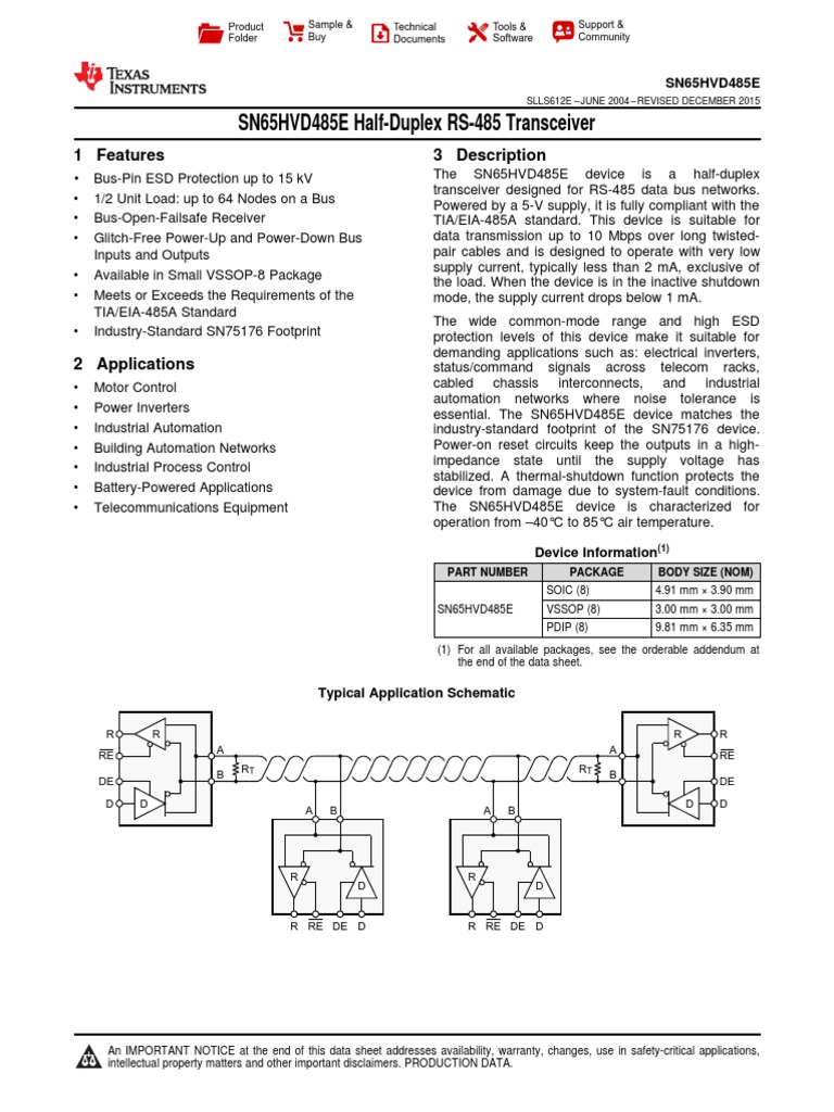 SN65HVD485E Half-Duplex RS-485 Transceiver: 1 Features 3 Description ...