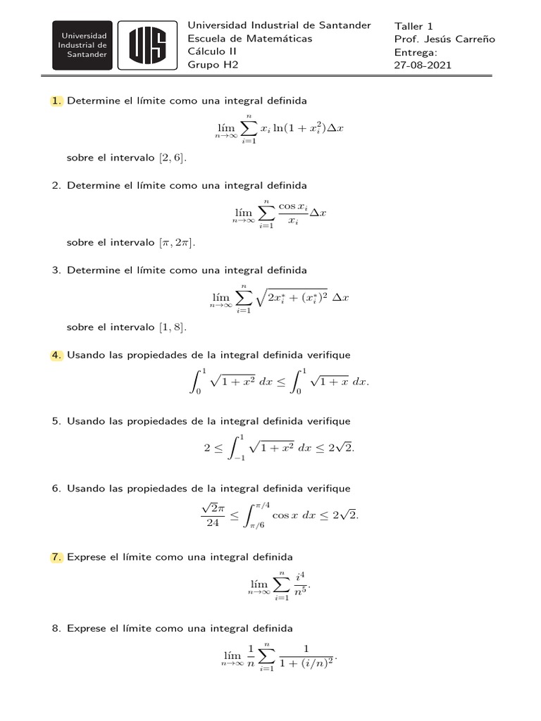 Taller 1 - Cálculo Integral | PDF | Integral | Derivado