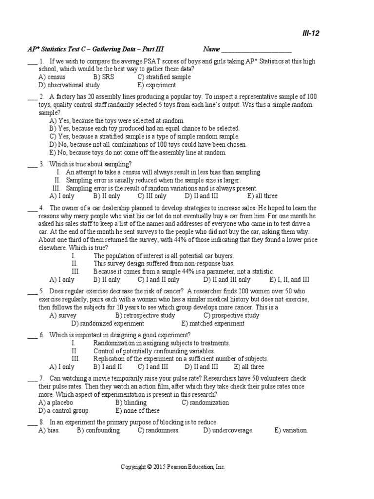 AP Statistics Test C - Gathering Data - Part III Name | PDF ...
